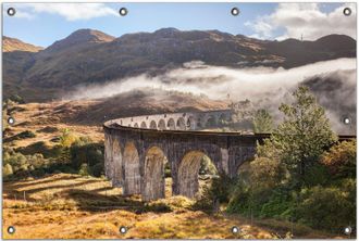 Wallario Outdoor-Poster f&uuml;r Garten oder Balkon Viadukt im Morgennebel, Motivbanner Gr&ouml;&szlig;e: ca. 80 x 120 cm, Outdoor-Bild