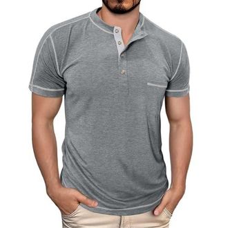 Generic T-shirt pour homme avec col rond, manches courtes et manches mi-longues, t-shirt tendance avec contrastes de couleur, gris, 3XL