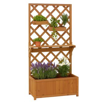 Mendler Hochbeet HWC-P68, Pflanz-/Blumenkasten Rankgitter Rankhilfe Ablage H&auml;ngek&auml;sten Holz FSC 135x70x30cm - Natur