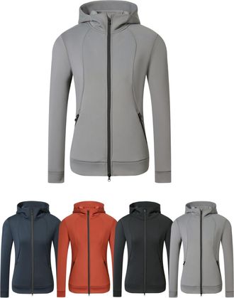 Covalliero Damen Hoodyjacke - Zipper Hoodie aus Polyester & Spandex - Kapuzenjacke mit 2-Wege-Rei&szlig;verschluss - &Uuml;bergangsjacke mit 2 Taschen - Reitjacke - Steel G