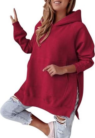 Generic Sweats &agrave; capuche surdimensionn&eacute;s baggy &agrave; manches longues rouge - Sweat &agrave; capuche fendu sur le c&ocirc;t&eacute; pour femmes - Vestes d&eacute;t&eacute; &agrave; capuche cardigan &agrave; manc