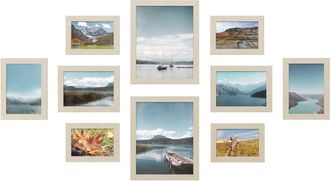 Songmics Bilderrahmen 10er Set, für 2 Fotos in 20 x 25 cm, 4 Fotos in 13 x 18 cm, 4 Fotos in 10 x 15 cm, Kunststoffscheibe, MDF, weihnachten, naturbeige RPF310