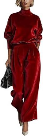 Generic Ensemble de 2 pi&egrave;ces en velours pour femme - Col roul&eacute; - Style d&eacute;contract&eacute; - Couleur unie - Pantalon large - Ensemble de deux pi&egrave;ces en velours - Pour