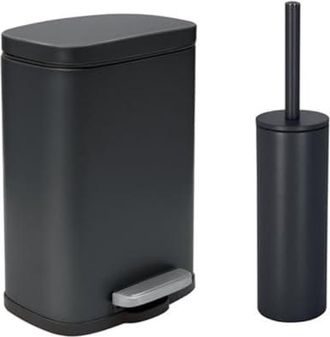 Spirella Treteimer-Set + WC-B&uuml;rste aus Stahl AKIRA - Soft-Close, Anti-Fingerabdruck-Beschichtung - 21,4 x 17,6 x 30 cm - 5L - Mattschwarz