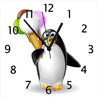 Wallario Design-Wanduhr S&uuml;&szlig;er EIS Pinguin aus Glas, Motiv-Uhr Gr&ouml;&szlig;e 30 x 30 cm, Schwarze Zeiger