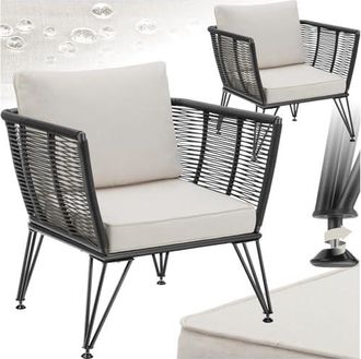 TecTake TecTake Lot de 2 Fauteuil Salon Fauteuil Exterieur Chaise de Jardin en R&eacute;sine tr&eacute;ss&eacute;e pour Salon de Jardin Exterieur, Coussins Inclus, Amenagement Bal