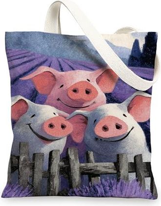 Generic Sac fourre-tout en toile avec motif animal mignon, adorable cochon, sacs de courses réutilisables, style ferme, léger, lavable, Multicolore, 13x15 Inc