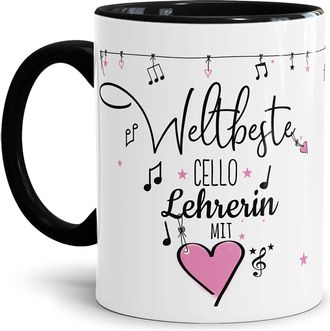 Tassendruck Berufe Tasse - Weltbeste Cello Lehrerin - Geschenk für die weltbeste Musiklehrerin, Musikunterricht, Lehrerin - Keramik Innen & Henkel Schwarz, 300 ml