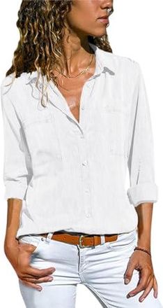 Minetom Chemisier pour Femme Chemise en Jean Col en V Manches Longues Blouse Décontracté avec Boutons Chemise en Denim avec Poche A Blanc XXL