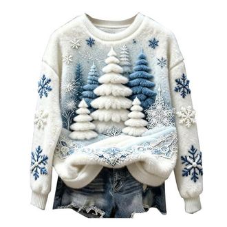 Generic Pull de No&euml;l amusant pour femme - Imprim&eacute; chat et chien - Sweat de No&euml;l surdimensionn&eacute; en polaire pelucheuse sur le th&egrave;me de No&euml;l - Pull confortable e