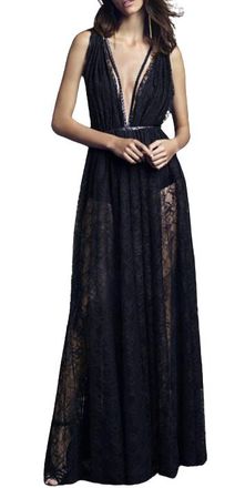 Magda Butrym Black Sheer Lace Plunge Gown Size M