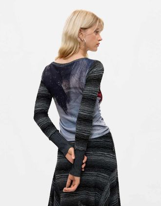 Desigual Strick-T-Shirt mit Print in Grau