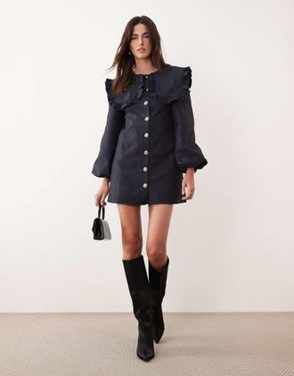 Ghospell Robe courte &agrave; manches bouffantes et col oversize - Bleu marine