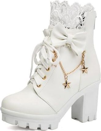 Generic Bottines de combat &agrave; plateforme et bout rond pour femme avec fermeture &eacute;clair &agrave; larri&egrave;re, blanc, 40.5 EU