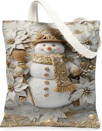 Generic Sac fourre-tout en toile motif bonhomme de neige dhiver, r&eacute;utilisable, vintage, &eacute;l&eacute;gant, l&eacute;ger, lavable, blanc, 13x15 Inch