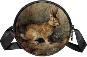 Generic Sac &agrave; bandouli&egrave;re rond pour femme, motif lapin vintage, sac &agrave; dos &agrave; bandouli&egrave;re avec fermeture &eacute;clair, bretelles r&eacute;glables, sac &agrave; main rond d&eacute;contract