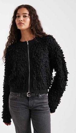 French Connection Gilet zippé en maille effrangée - Noir