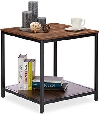 Relaxdays Beistelltisch, 2 Holzablagen, Metallgestell, robust, quadratisch, Flacher Couchtisch 51 cm hoch, schwarz-Natur