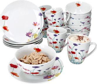 MamboCat Marie 18tlg Frühstücksset I Porzellan-Geschirr mit Blumenwiese-Dekor für 6 Personen I Je 6x Teller, Schalen 400ml & Becher 320ml für Frühstück & Kaffe
