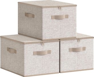Songmics Aufbewahrungsbox mit Deckel, faltbare Stoffbox mit Griffen, Aufbewahrung f&uuml;r Kleidung, Vliesstoff, 3er Set, 40 x 30 x 25 cm, sandbeige RZB003K01