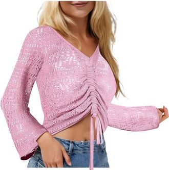 Generic Robes boh&egrave;me 2026 pour femmes, haut court transparent &agrave; &eacute;paules d&eacute;nud&eacute;es avec manches et pull &agrave; volants, rose, XL