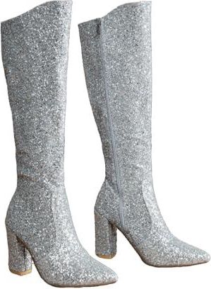 Generic Bottes &agrave; talons &eacute;pais scintillants pour le printemps et - Sexy - Bottes hautes rondes &agrave; gros talons pour femme, argent&eacute;, 39 EU