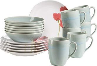 Mäser 931927 Ossia Aguarela, Geschirr Set für 6 Personen in teildekoriertem Vintage Look, 18-teiliges Keramik Frühstücksset mit Frühstücksteller, Müslischal