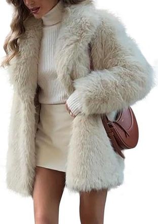 Generic Manteaux en fausse fourrure pour femmes vestes chaudes mi-longues &agrave; manches longues revers hiver v&ecirc;tements dext&eacute;rieur moelleux manteau parka hirsute (