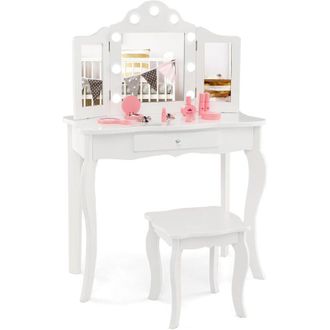 Costway Costway - 2 en 1 Coiffeuse Enfants et Tabouret avec Miroir Amovible &agrave; Trois Volets & Lumi&egrave;res led, Table de Maquillage Princesse avec Tiroir de