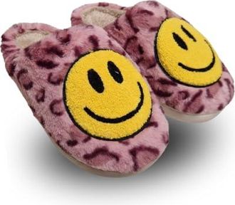TOSH Pantoufles mules pour femme Happy Face Smile - Doublure chaude rembourrée - Rembourrée - À enfiler, rose/léopard, 36 EU