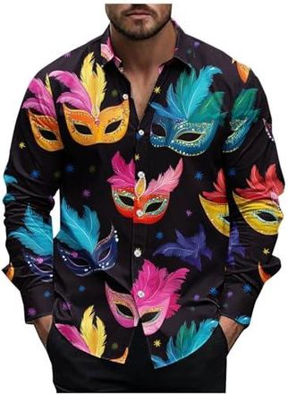 Generic Costume de carnaval pour homme - Chemise &agrave; manches longues - Chemise d&eacute;contract&eacute;e &agrave; manches longues - Imprim&eacute; masque - Chemise d&eacute;t&eacute; respirante - Chemi