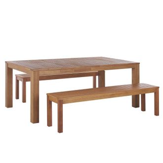 Beliani Ensemble Repas de Jardin 6 Places Table et 2 Bancs en Bois dEucalyptus Clair pour Jardin ou Terrasse Rustique Monsano Beliani