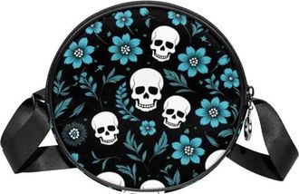 Generic Petit sac &agrave; bandouli&egrave;re circulaire pour femme, motif cr&acirc;nes, fleurs, petit sac &agrave; bandouli&egrave;re avec fermeture &eacute;clair, bretelles r&eacute;glables, sac &agrave; main ro