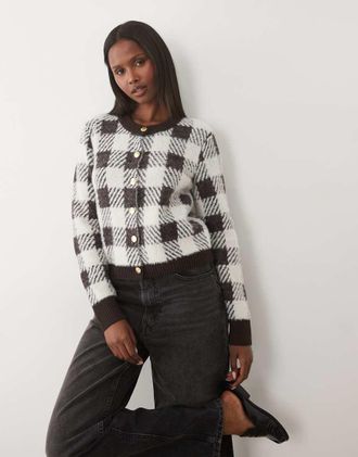 Barbour Halina karierte Strickjacke in Tr&uuml;ffelbraun/Wei&szlig;