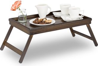 Relaxdays 2 x Betttablett Bambus, klappbare Beine, erhöhter Rand, Frühstückstablett fürs Bett, HBT: 22,5x64x31cm, Dunkelbraun