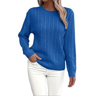 Generic Pull pour femme en tricot torsad&eacute; textur&eacute; de couleur unie col rond &agrave; manches longues pull confortable coupe d&eacute;contract&eacute;e pour automne, hiver, tenue d&eacute;