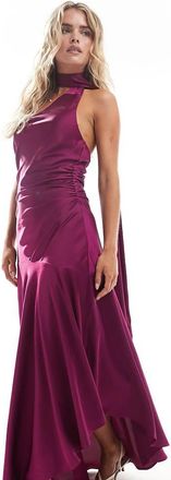 Tfnc Petite Bridesmaids - Asymmetrisch geschnittenes Maxikleid aus Satin in Pflaume mit Schaldetail am Ausschnitt-Lila