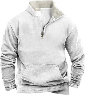 Generic Sweat ray&eacute; pour homme avec col zipp&eacute; 1/4 &agrave; manches longues en polaire chaude pour entra&icirc;nement de gym, blanc, XL