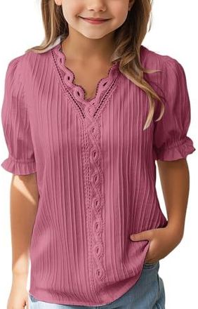 Generic Chemisier Chic Fille Manches Court - Haut Enfants Chic Et Elegant Tops Couleur Unie Chemise Col V Hauts avec Manches Shirt Respirant T-Shirt Soir&eacute;e Ch