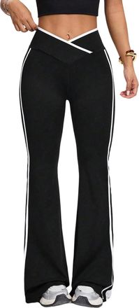 SOLY HUX Damen Hose Lang Jogginghose Schlaghose Sporthose Yogahose Schlagleggings Stretch Freizeithose mit Elastischer Bund Schwarz und Wei&szlig; XL