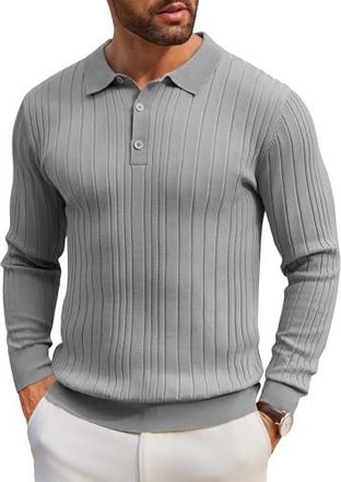 Coofandy Polo tricoté à manches longues pour homme - Pull dhiver décontracté de couleur unie, gris clair, XL