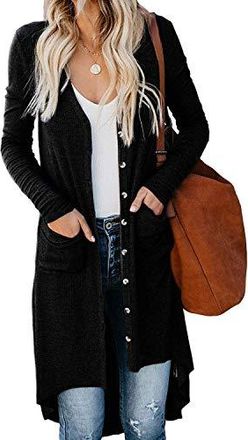 ORANDESIGNE Femme Cardigan Manches Longues Veste avec Poches Tricot Gilets Long en Maille Outwear Automne Élégant Bouton Blouson Chic Manteau A Noir 44