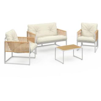 IDMarket Salon de jardin bas RIO 4 places structure m&eacute;tal blanc, cordage effet rotin clair et coussins beige