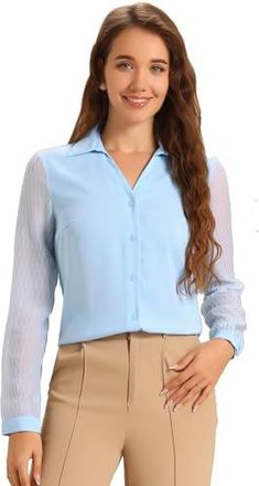 Allegra K Chemisier à col en V pour Femmes, col à Revers, Panneau en Maille, Manches lanternes, Chemise de Travail de Bureau élégante Bleu Clair XS