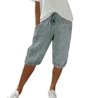 Generic Short court en coton et lin pour femme avec cordon de serrage et taille &eacute;lastique - Pantalon court ray&eacute; avec poches - Longueur genou - Pantalon d&eacute;cont