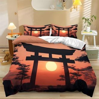 Generic Set Housse de Couette 140 x 200 cm Coucher de Soleil dans la for&ecirc;t Porte Torii 2 x Taies doreiller 65x65 cm 100% Microfibre Parure de Linge de Lit ave