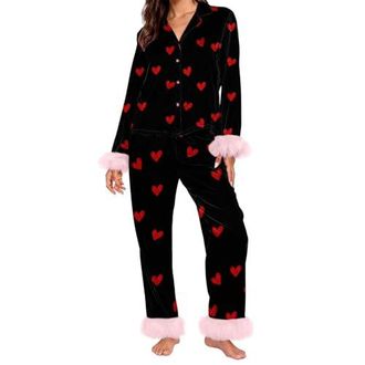Generic Ensemble de pyjama en satin pour femme - V&ecirc;tement de nuit imprim&eacute; coeur - Haut et pantalon boutonn&eacute;s - Tenue 2 pi&egrave;ces - Pyjama en soie doux et confort
