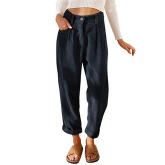 Generic Pantalon vintage d&eacute;contract&eacute; en velours c&ocirc;tel&eacute; taille haute avec poches pour femme, bleu, 3XL