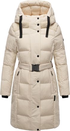 Navahoo Damen Winter Steppmantel warmer Plüschmantel mit Taillengürtel in Material-Mix mit Teddyfell Funkelteddy 14 Cream Gr. XL