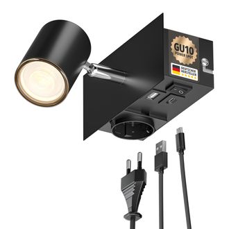 LEDs Com Wandspot WAIKA, 1-flammig, schwarz, Steckdose, USB-C, USB-A, inkl. LED GU10 Lampe 410lm, 45&deg;, warmwei&szlig;